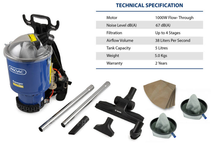 Pacvac Superpro 700 Vacuum Cleaner Backpack 2 Cloth bags Power Brush ...